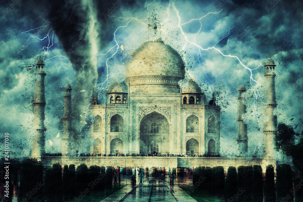 Taj Mahal during the heavy storm, rain and lighting in India, creative ...
