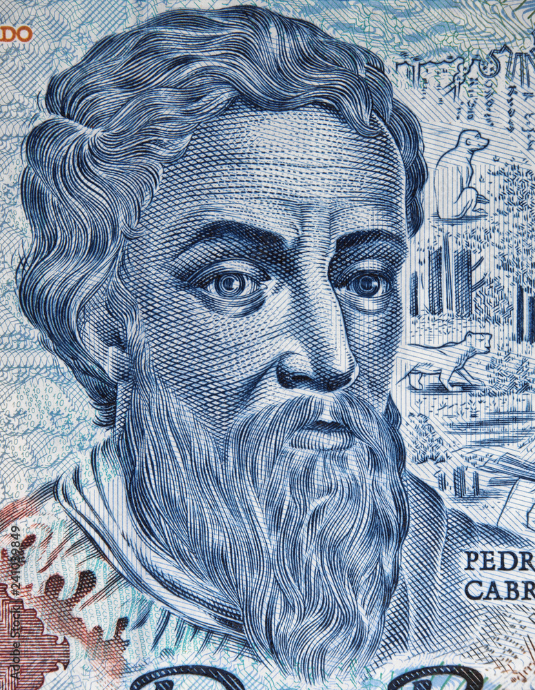 Pedro Alvares Cabral portrait on Brazilian 10 real banknote close up ...