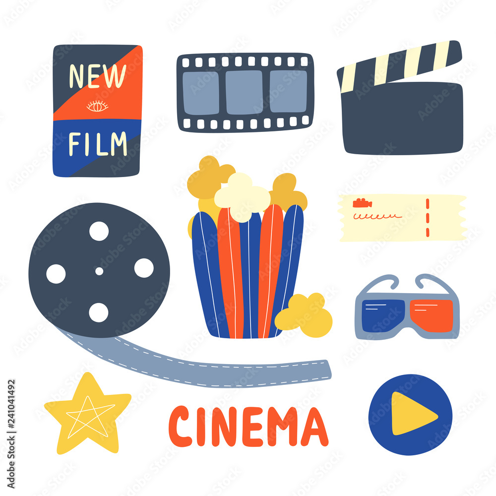 Cinema elements: popcorn, movie clapperboard, 3D glasses, poster, star ...