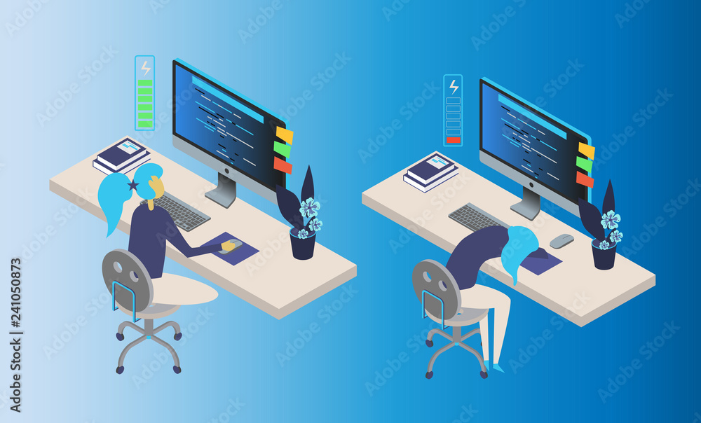 Handsome young girl character full of energy to work. Vector flat ...