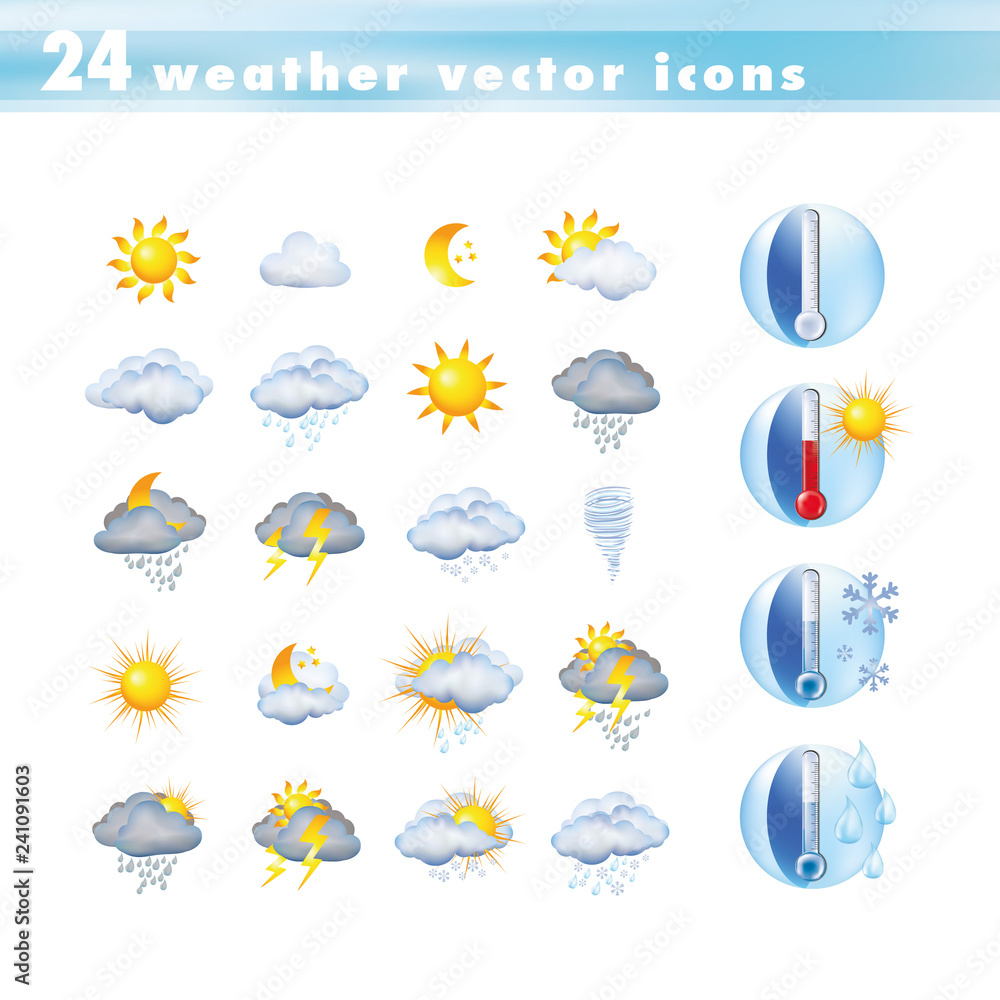 Set vector icons with thermometer and weather forecast. Illustrations ...