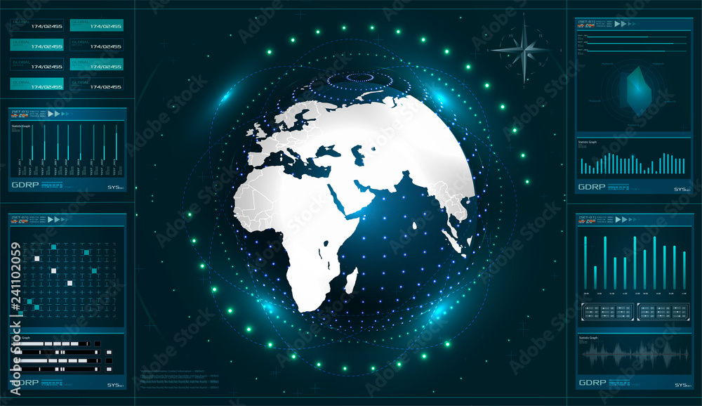 UI interface, earth globe, control center, command, game, vector with graphs Stock Vector ...