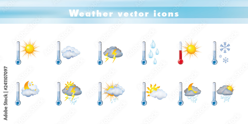 Set vector icons with thermometer and weather forecast. 3d illustration ...