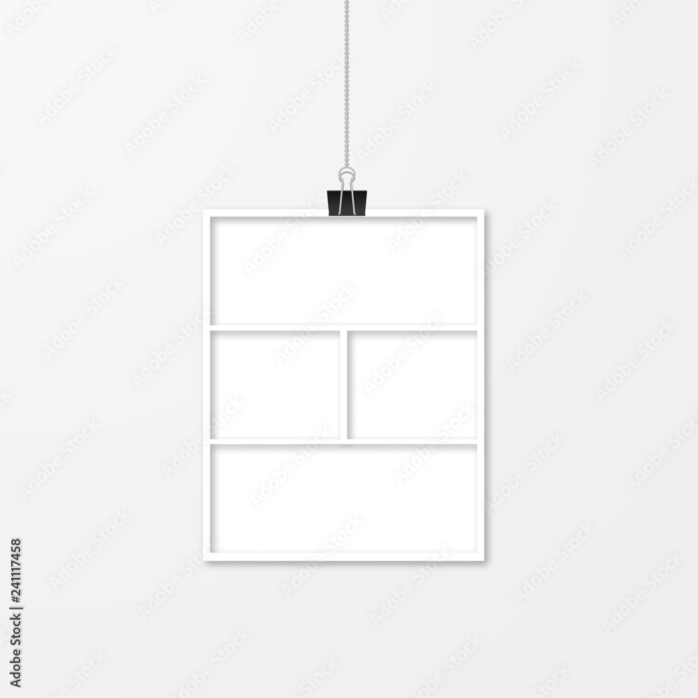 Paper photo frame hanging with binder clips. Collage vector ...