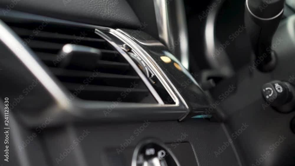Luxury car interior details. Speedometer and steering wheel. Stock. Air ...