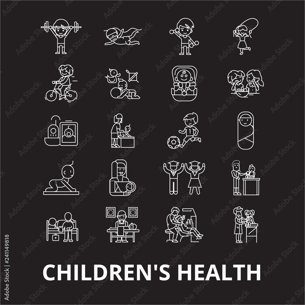 Children's health editable line icons vector set on black background ...