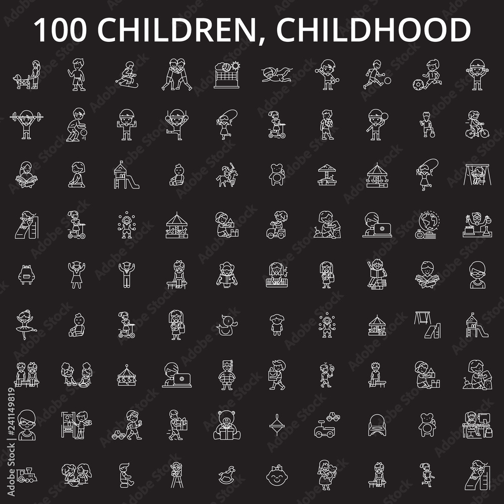 Children, childhood editable line icons vector set on black background ...