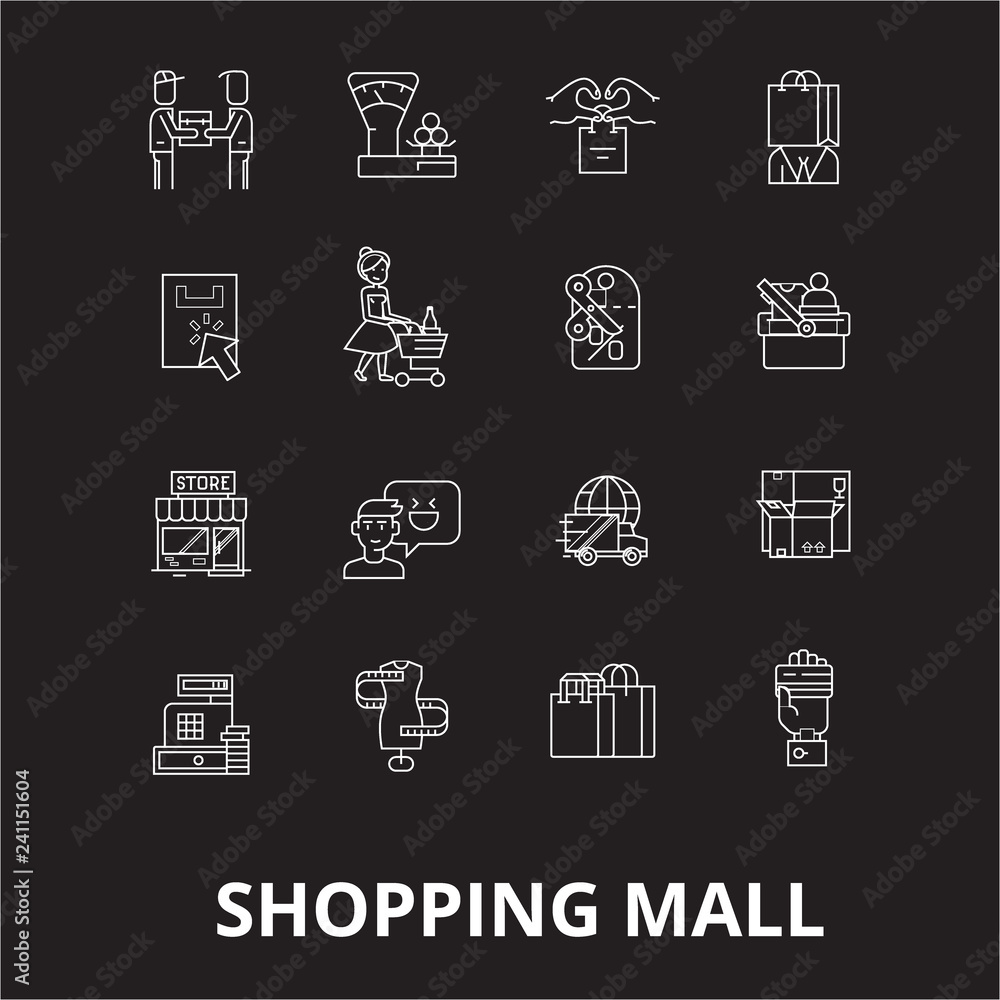 Shopping mall editable line icons vector set on black background ...