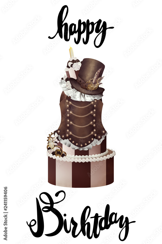 Vintage steampunk drawn lady- cake happy birthday card template white ...
