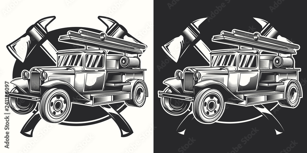 Original vector print. Fire truck emblem on dark and white background ...