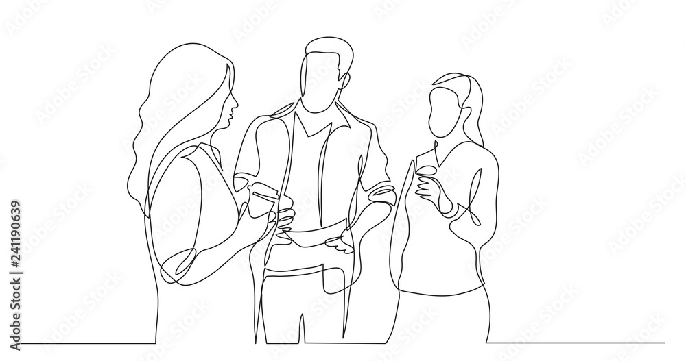 three coworkers chatting drinking coffee - one line drawing Stock ...