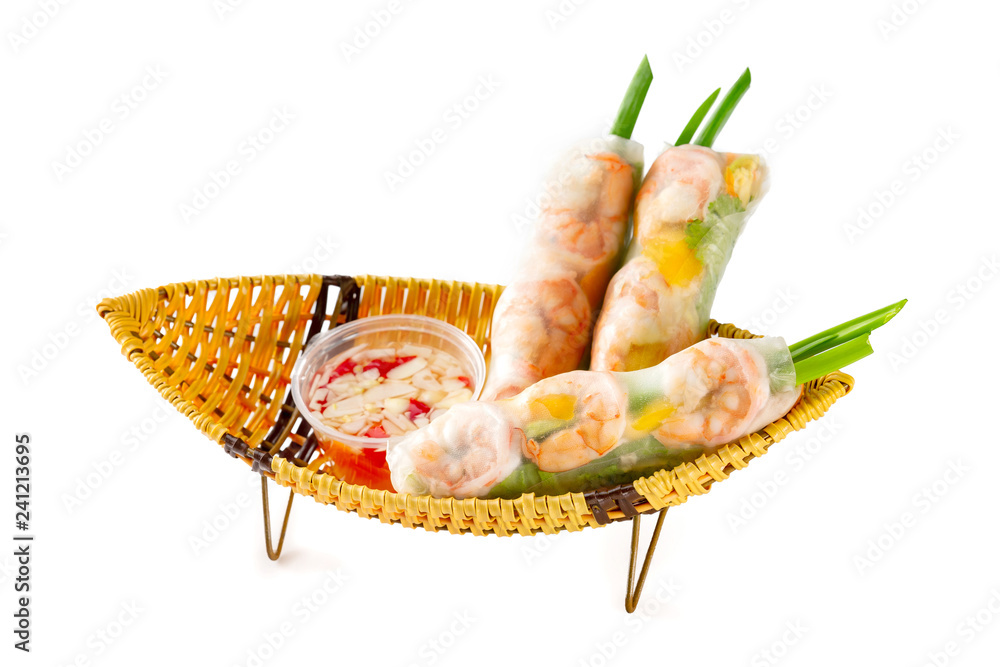 Goi cuon spring rolls with shrimps, onion, mango, pork and noodles ...