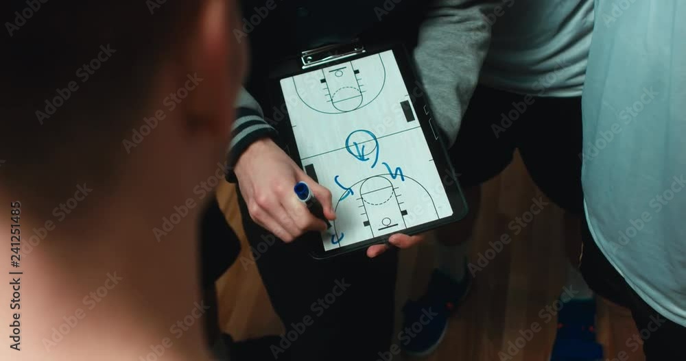 CU view of basketball coach using his tablet to explain combination to ...