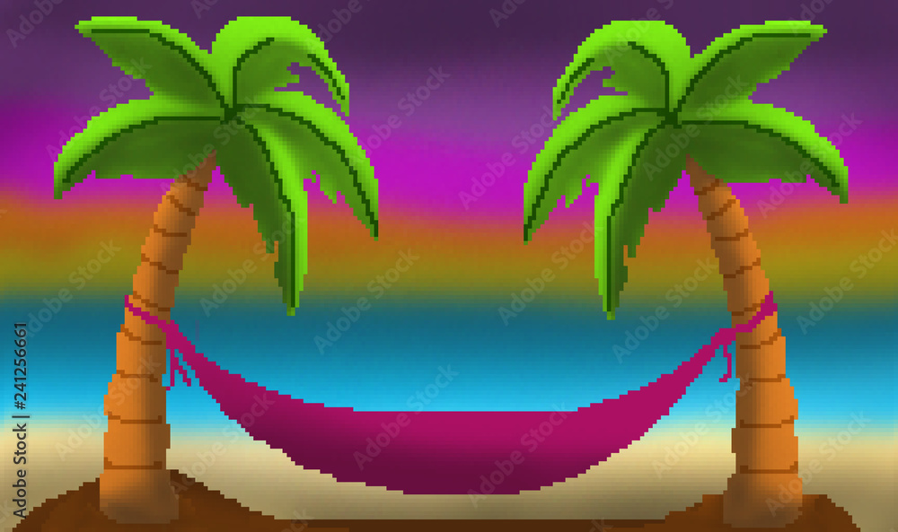 Pixel 8 bit drawn palm trees with hammock sunset on sandy beach Stock ...