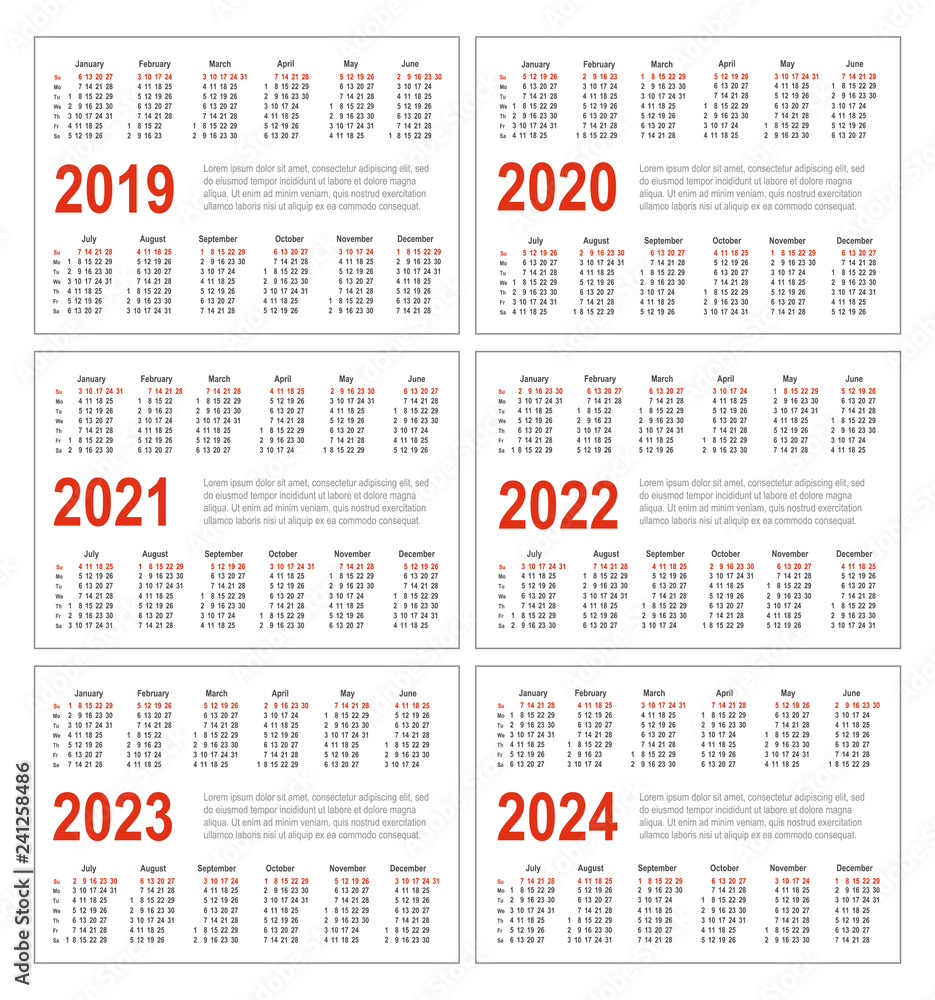Simple horizontal calendar for 2019, 2020, 2021, 2022, 2023 and 2024 ...