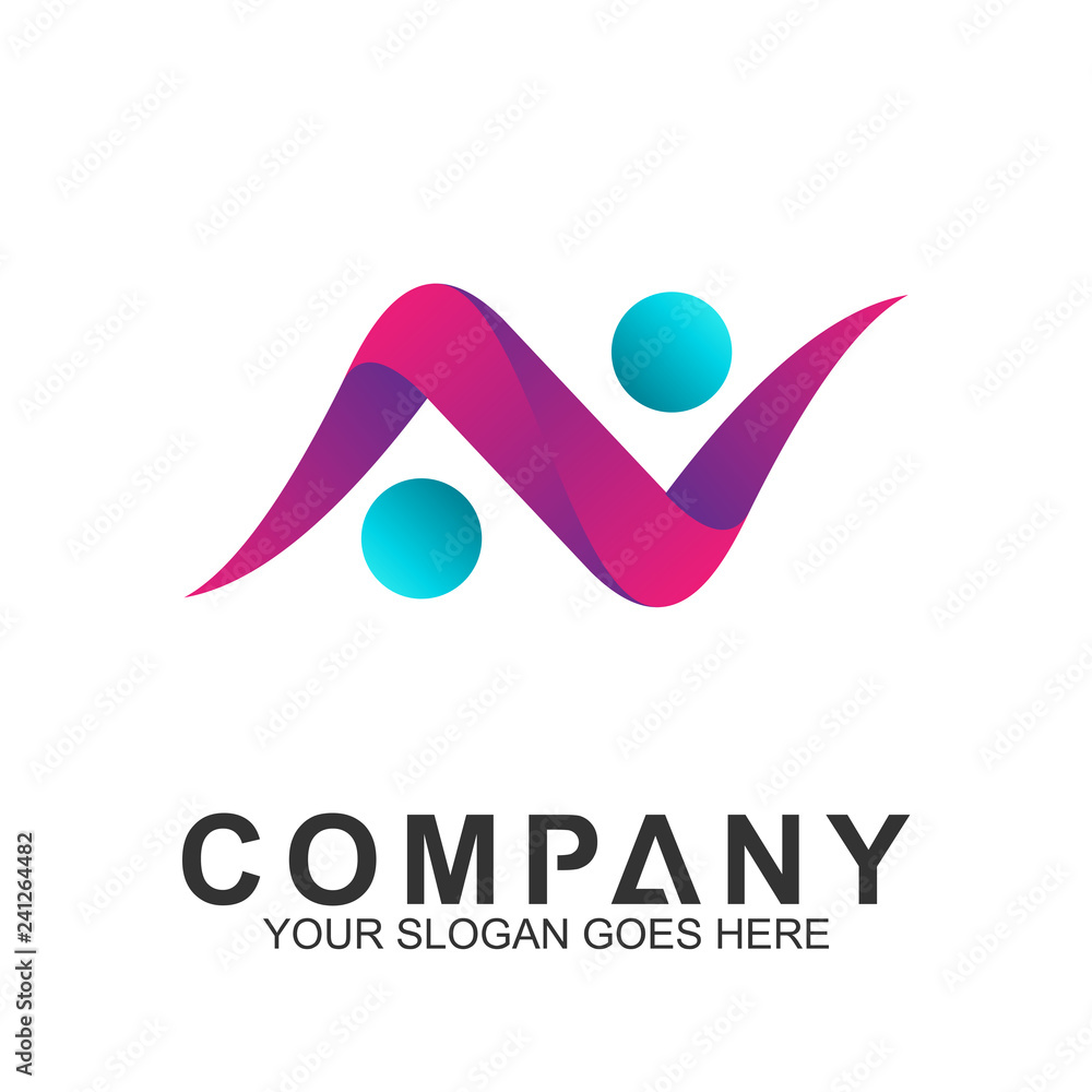 letter N logo with people connection shape, network and community ...