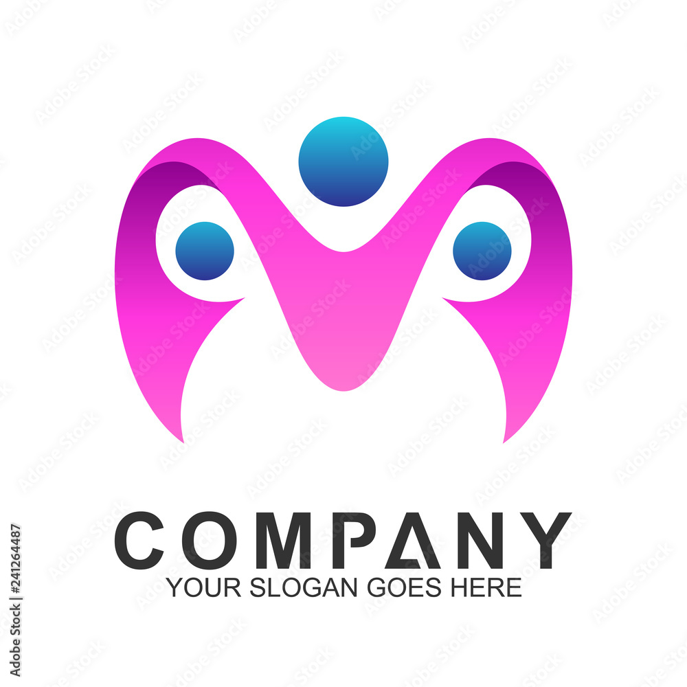 letter M logo with people shape, mother care icon, happy family symbol ...