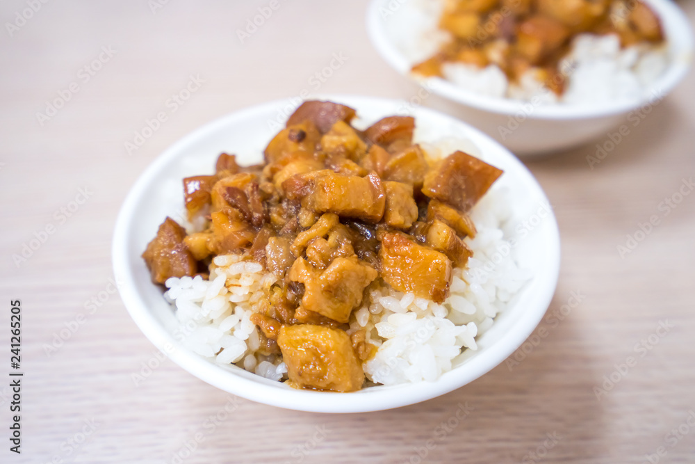 Taiwan famous food - Braised pork over rice. Soy-stewed pork rice ...