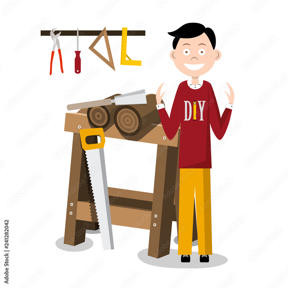 DIY Man with Working Tools and Sawhorse Stock Vector | Adobe Stock