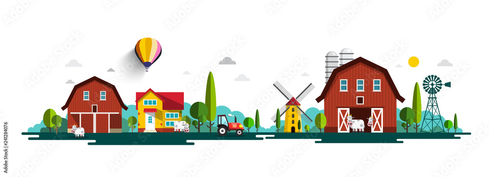 Rural Vector Landscape Panorama with Barn, Houses, Windmills and ...