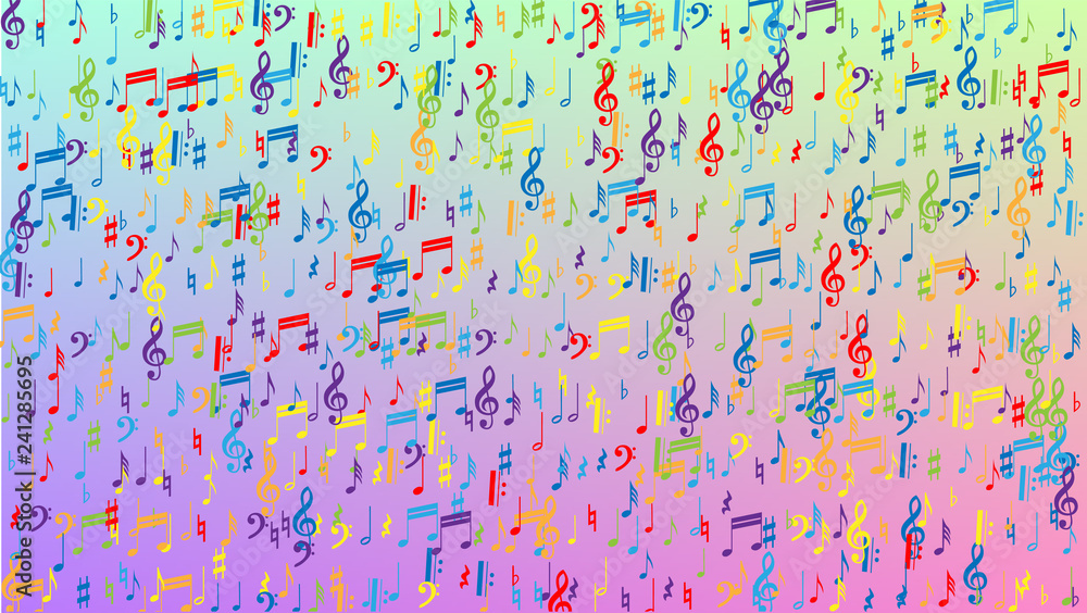 Disco Background. Many Random Falling Notes, Bass and, G Clef. Colorful ...