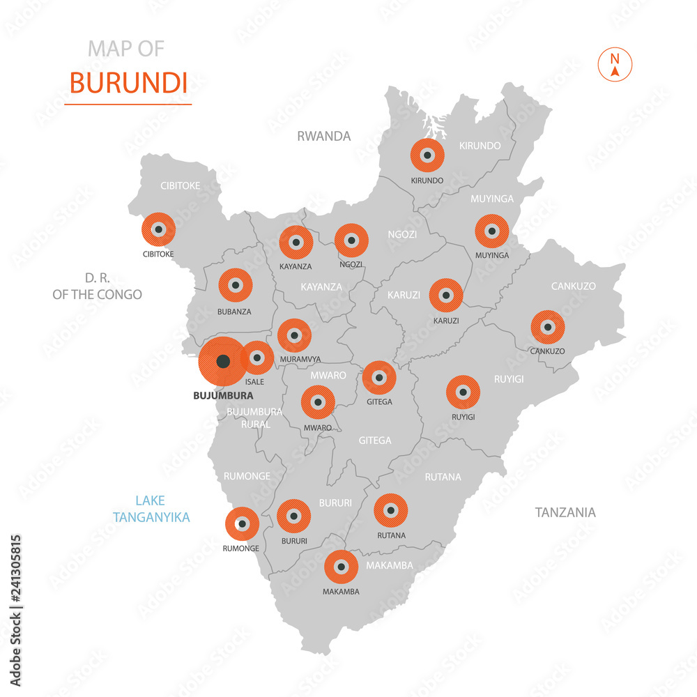 Stylized vector Burundi map showing big cities, capital Bujumbura ...
