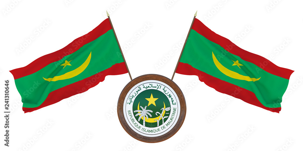National Flag And The Coat Of Arms 3d Illustration Of Mauritania Background For Editors And