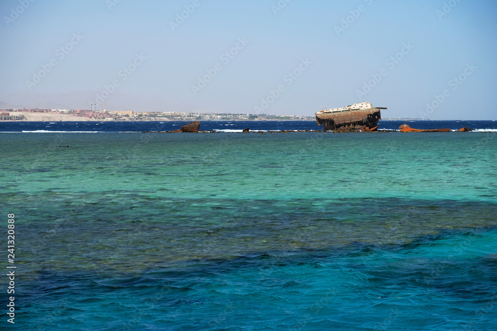 Landscape of shipwreck at the reef near the Tiran island in the Red Sea ...