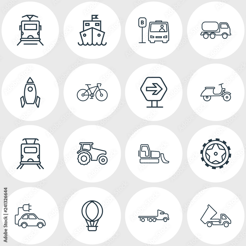 Vector illustration of 16 transport icons line style. Editable set of ...