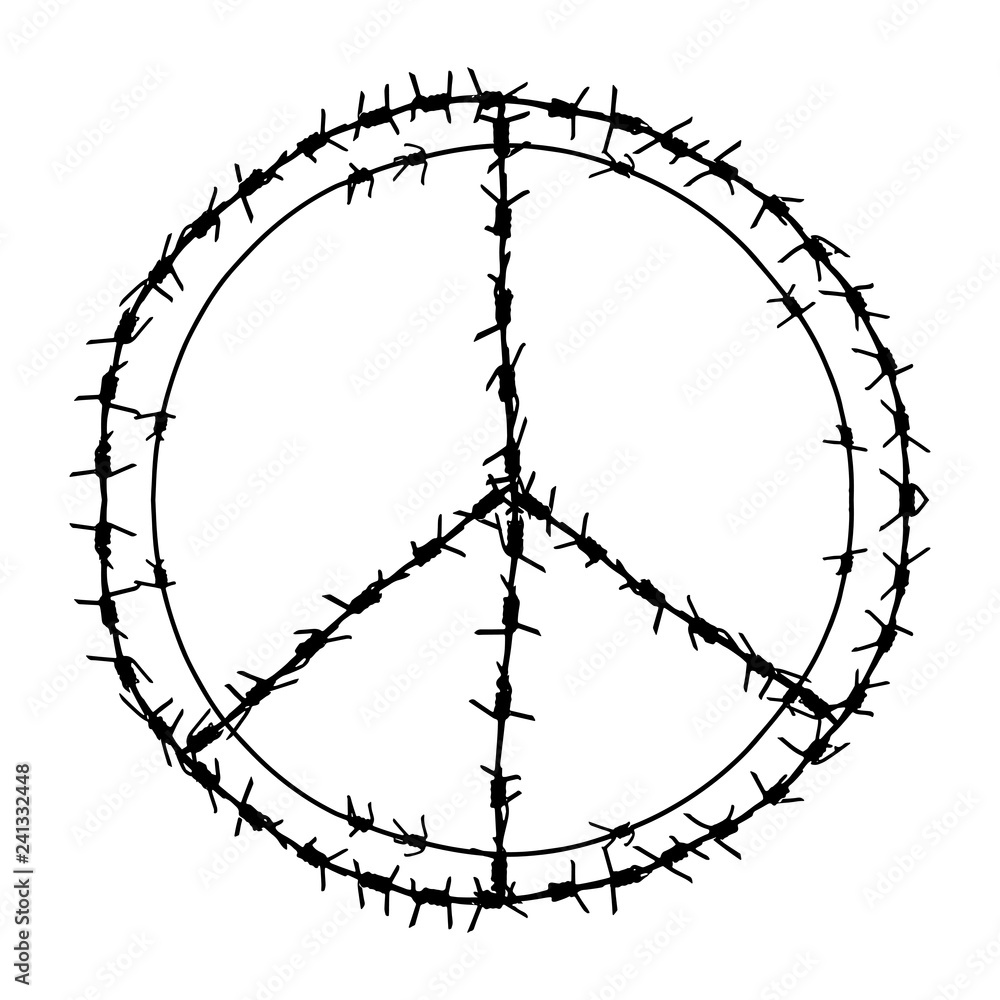 Black barbed wire vector round peace symbol. Metal circle pacifism sign ...