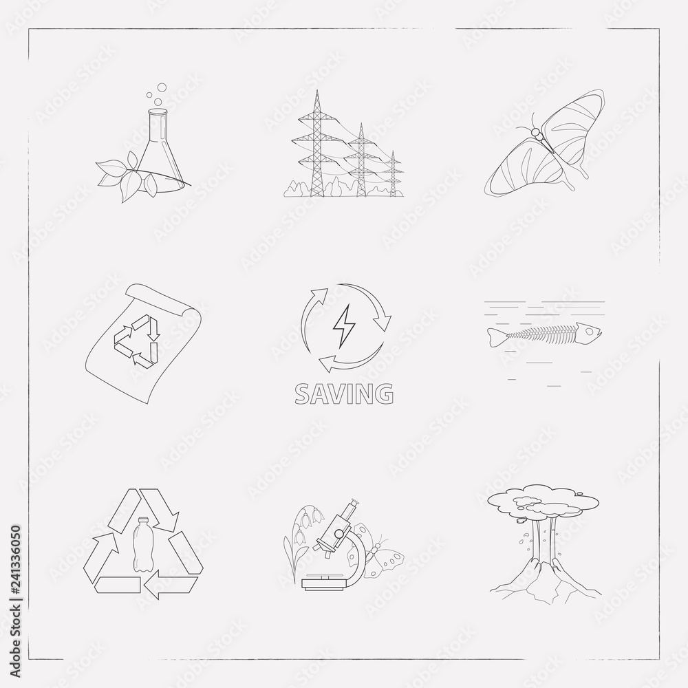 Set of ecology icons line style symbols with recycling, plant ...