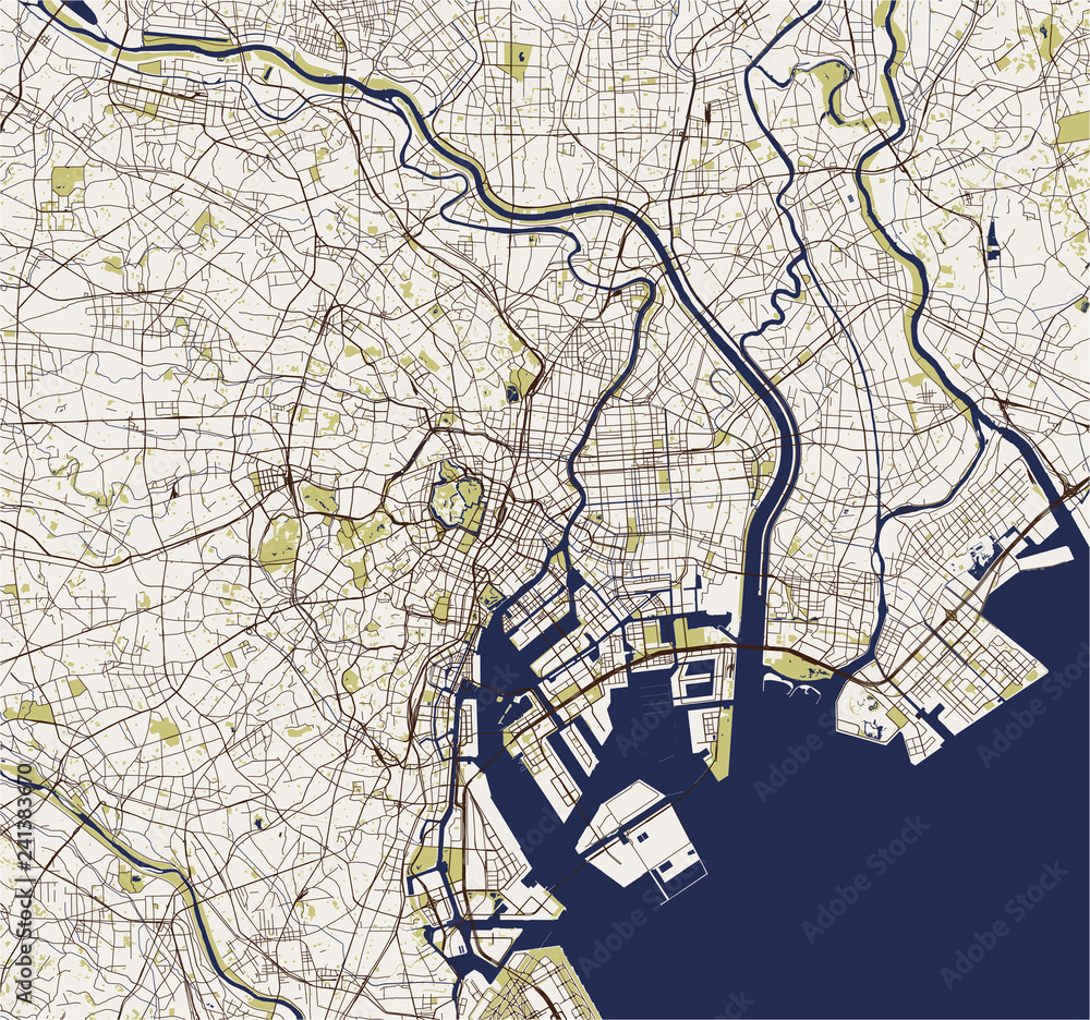 map of the city of Tokyo, Kanto, Island Honshu, Japan Stock Vector ...