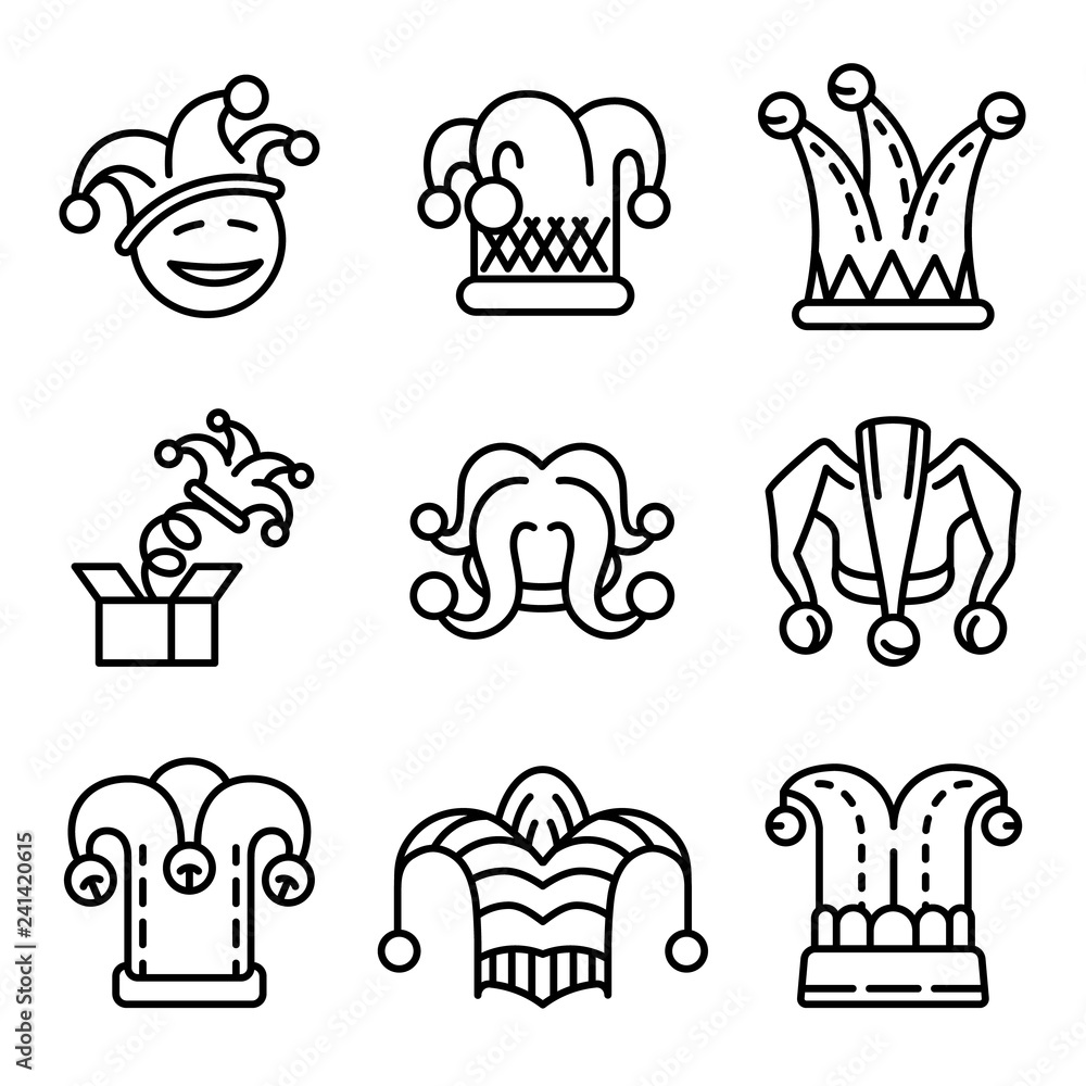 Jester icon set. Outline set of jester vector icons for web design ...