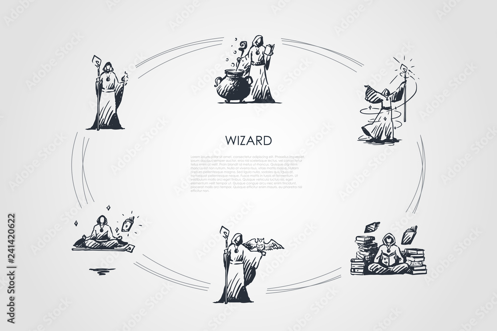 Wizard - wizard in special costume cooking potion in cauldron, standing ...