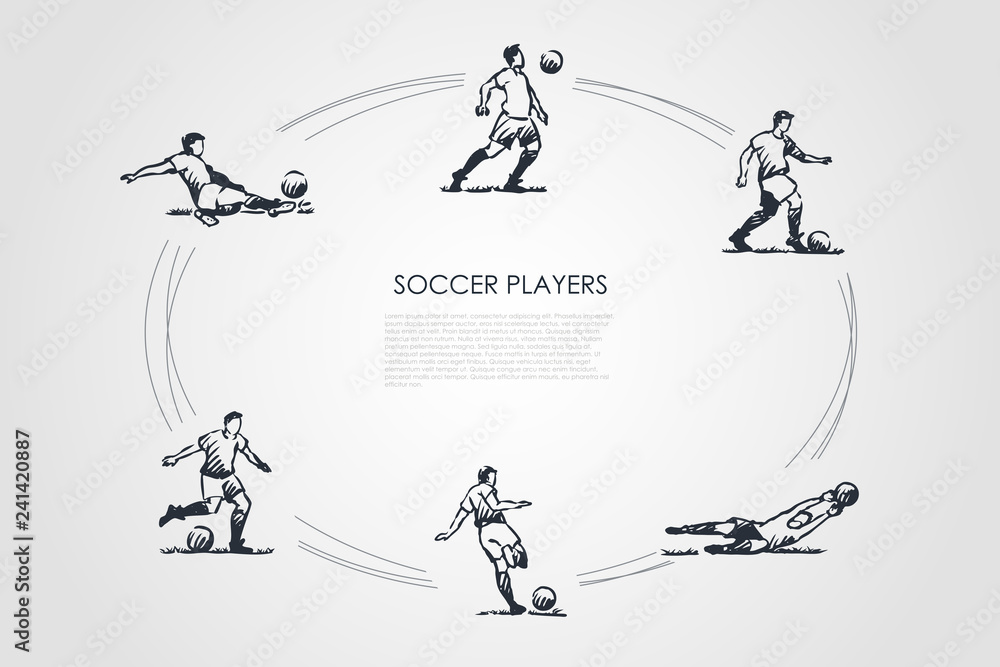 Soccer players - male sportsmen in traditional clothing in different ...