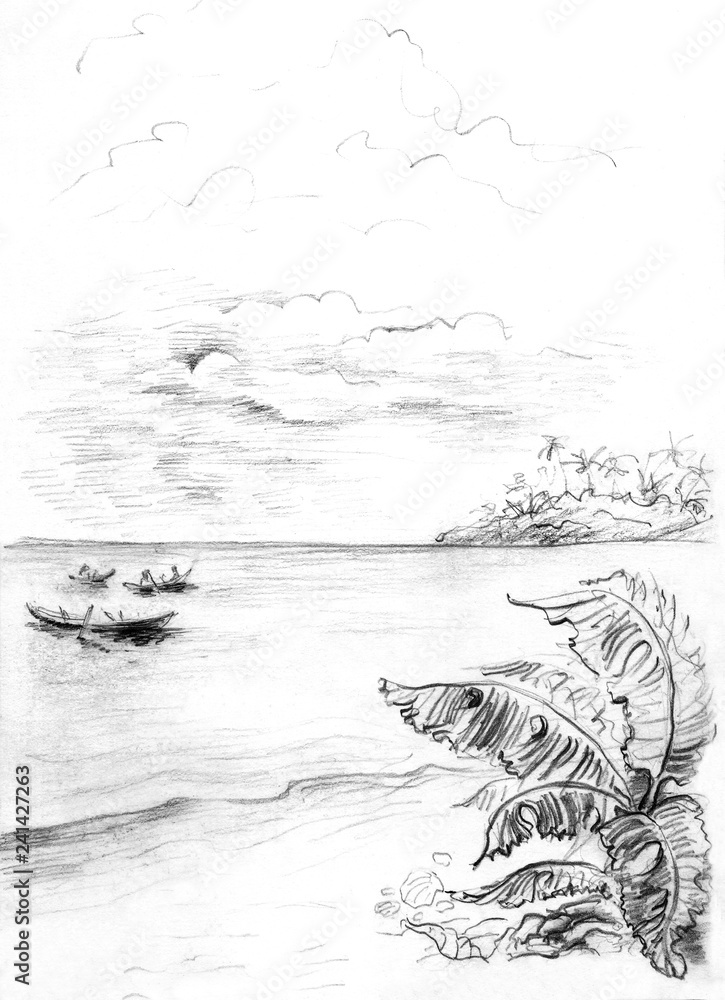 Sea tropical landscape with palm trees, clouds on the sky and boats in ...