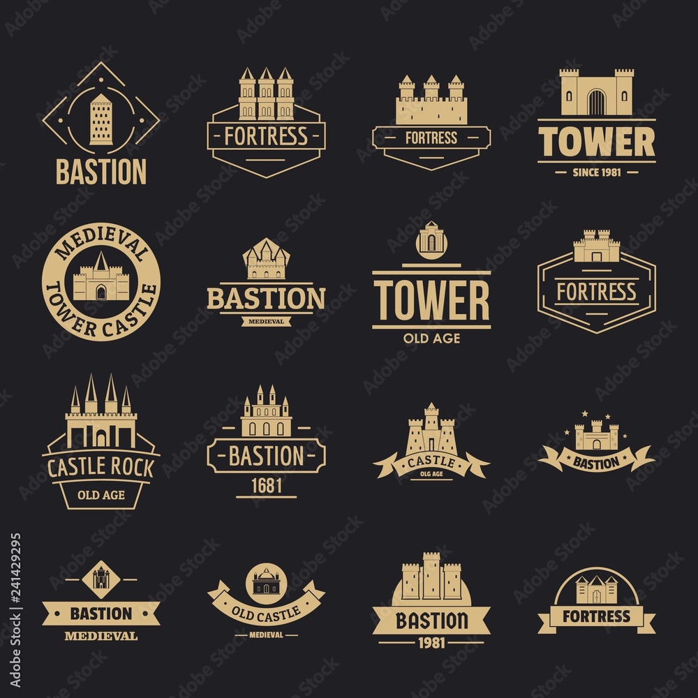 Towers castles logo icons set. Simple illustration of 16 towers castles ...