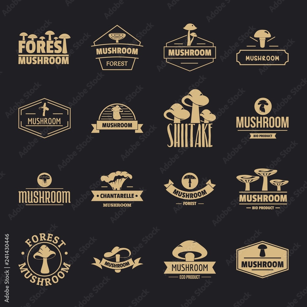 Mushroom forest logo icons set. Simple illustration of 16 mushroom ...