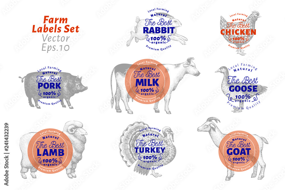 Labels with farm animals. Hand drawn animals set templates. Vector ...