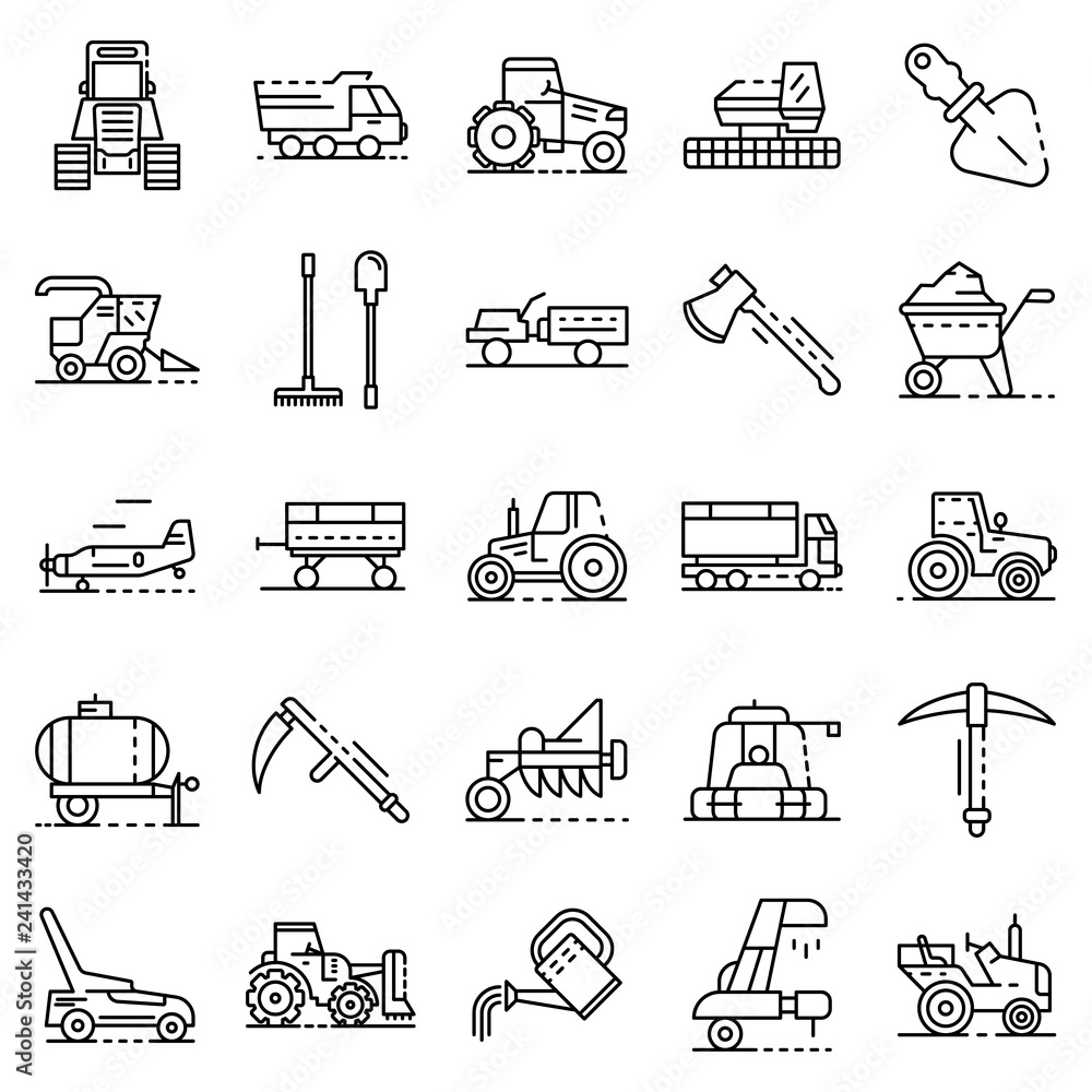 Farming equipment icon set. Outline set of farming equipment vector ...