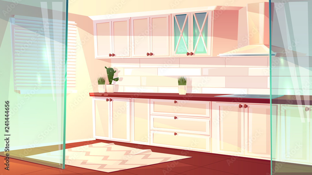 Vector cartoon illustration of empty bright kitchen in white color ...