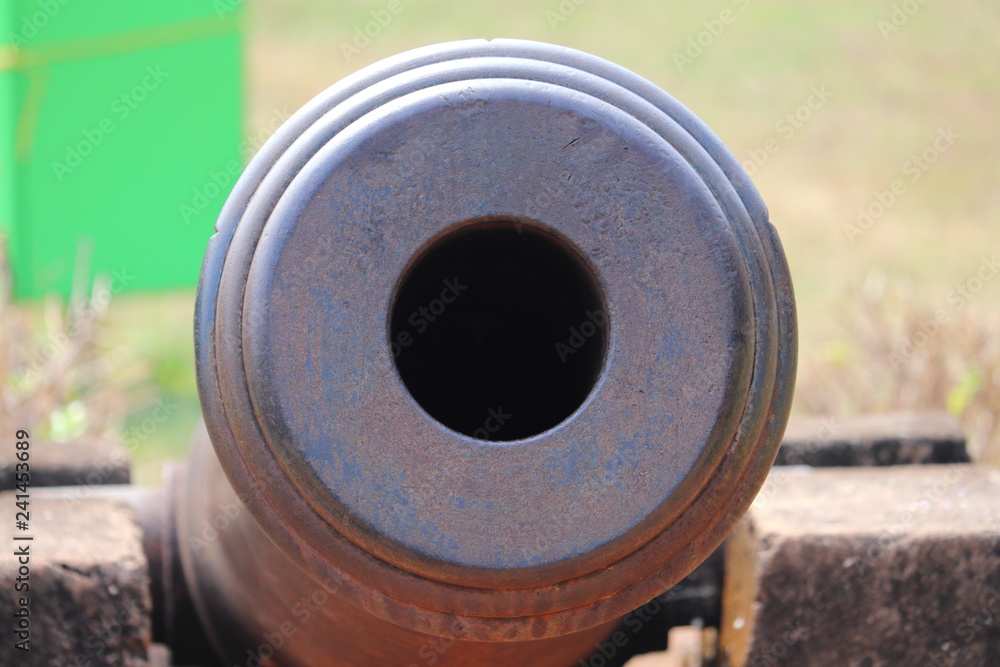 Old cannon tope for war front view at fort in India - Image Stock Photo ...