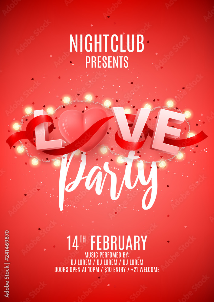 Love party invitation poster template. Vector illustration with 3d ...