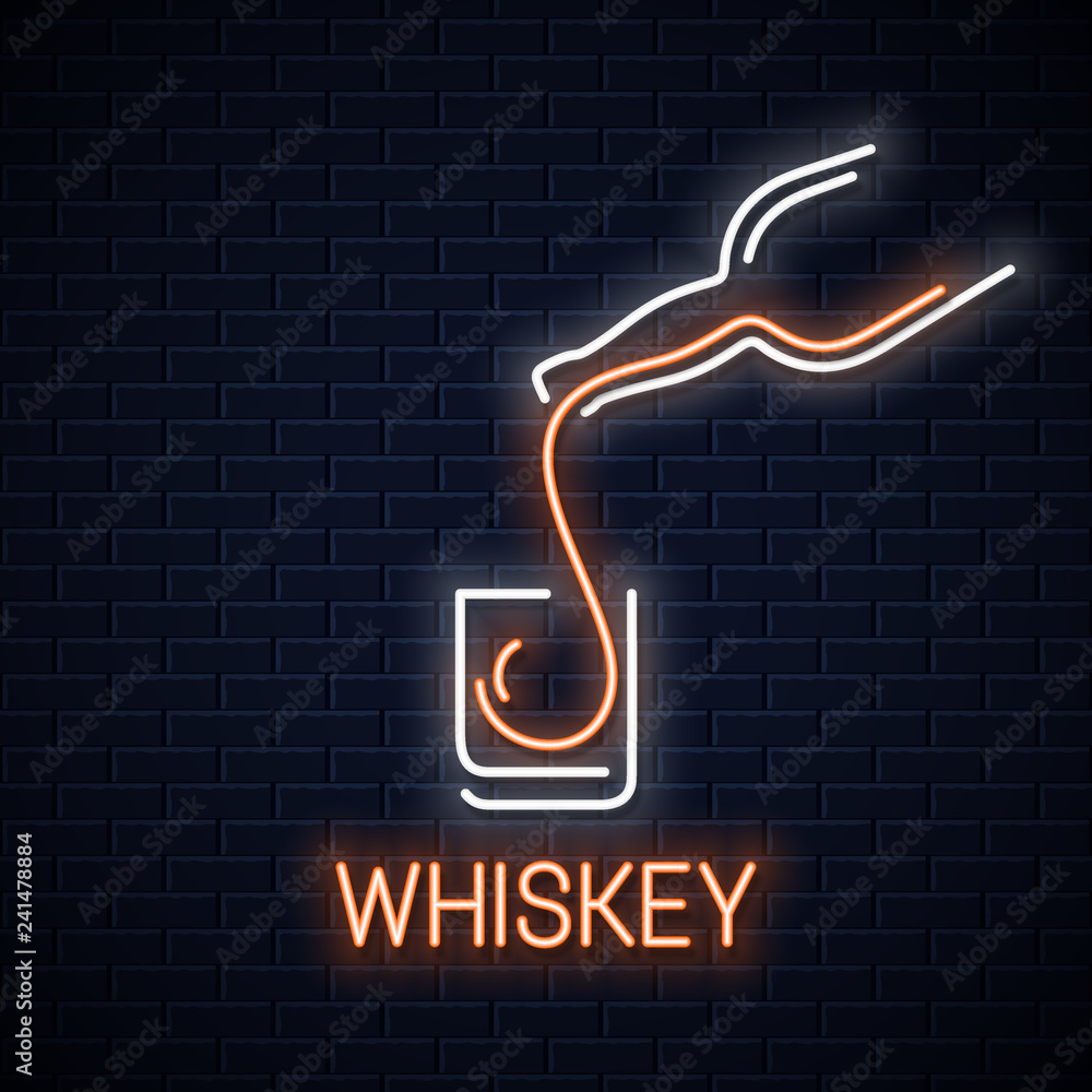 whiskey glass neon banner. Bottle of whisky neon sign on black wall ...