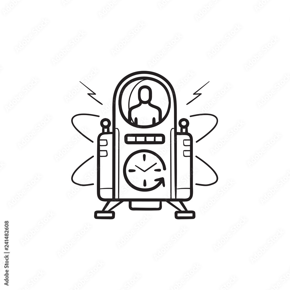 Time machine with clock go back hand drawn outline doodle icon. Time ...