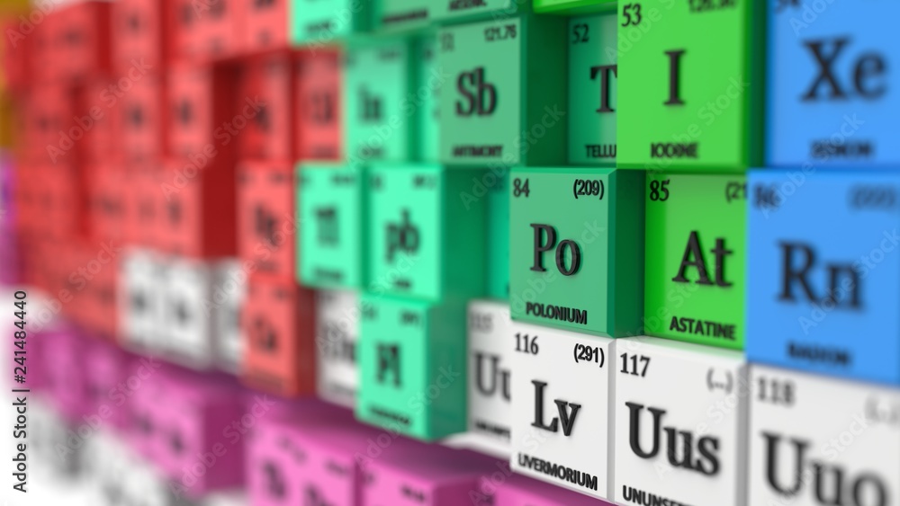distorted periodic table concept. cubes colored by element groups. 3d ...