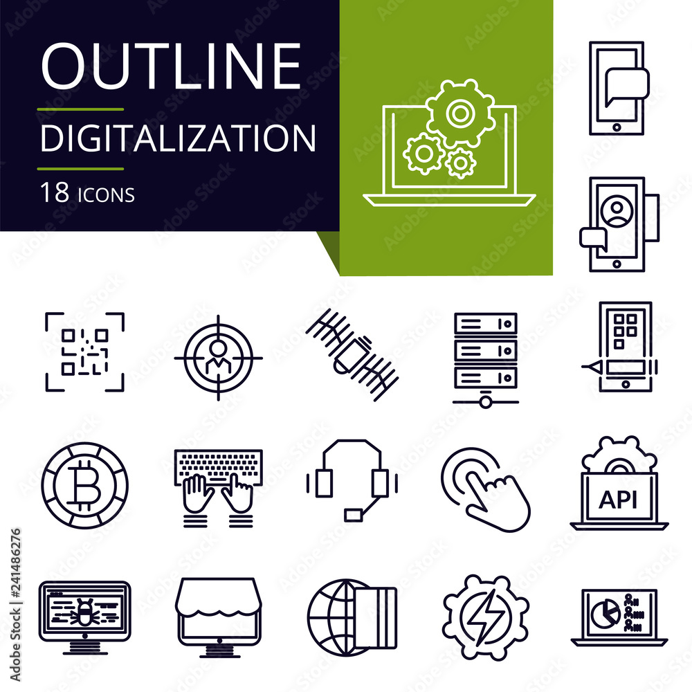 Set of outline icons of Digitilization. Modern icons for website ...