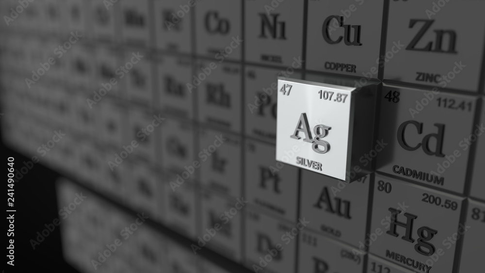 periodic table concept with cubes. silver element selected. 3d ...