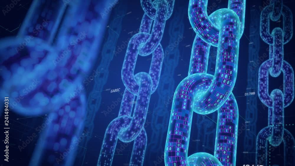 Seamlessly looping animation of futuristic blockchain concept. Binary data flows through ...