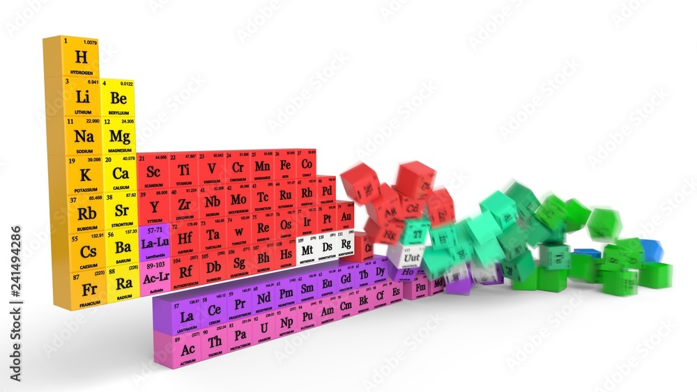 periodic table concept with falling cubes. 3d illustration with motion ...